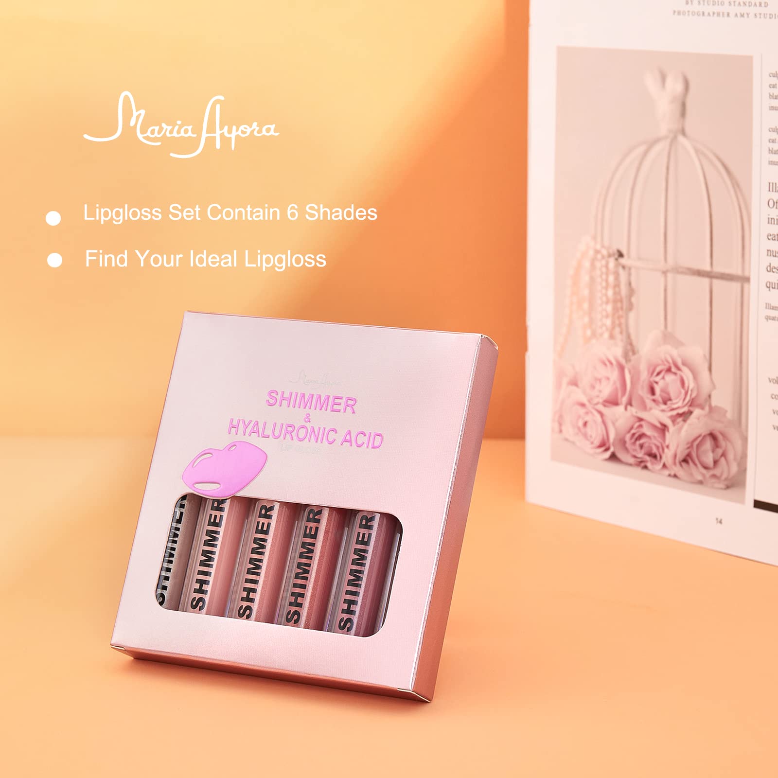 MARIA AYORA Lip Gloss Gift Set: Plump-looking & Hydrating with Hyaluronic Acid, 6-Color Shimmer Lip Glosses for Women, Vegan & Cruelty Free, Gluten Free | Fragrance & Parabens Free