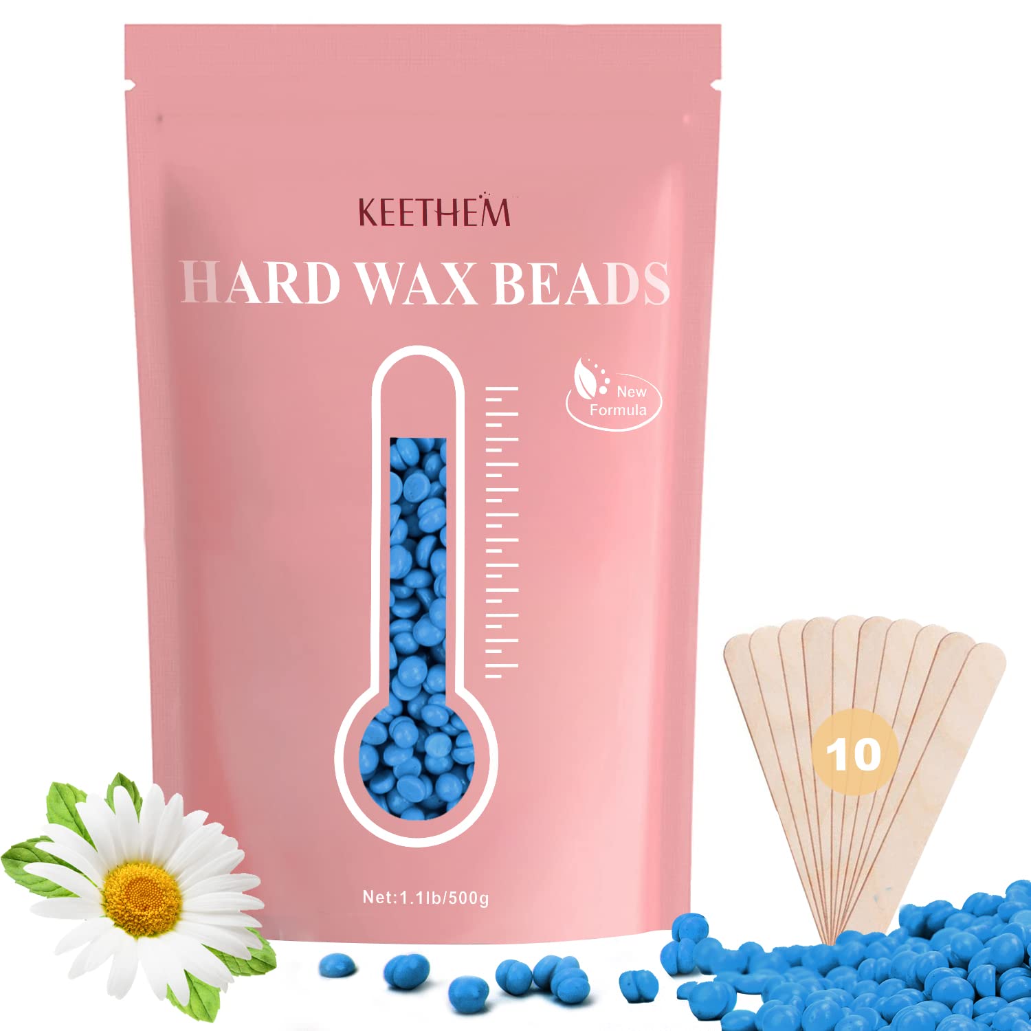 Keethem Hair Removal Wax, 1.1lb/17.6oz Waxing Beads for Sensitive Skin, Full Body Hard Wax Beans with 20 Wax Sticks for Women Men Bikini Brazilian, Armpit, Back and Chest Waxing