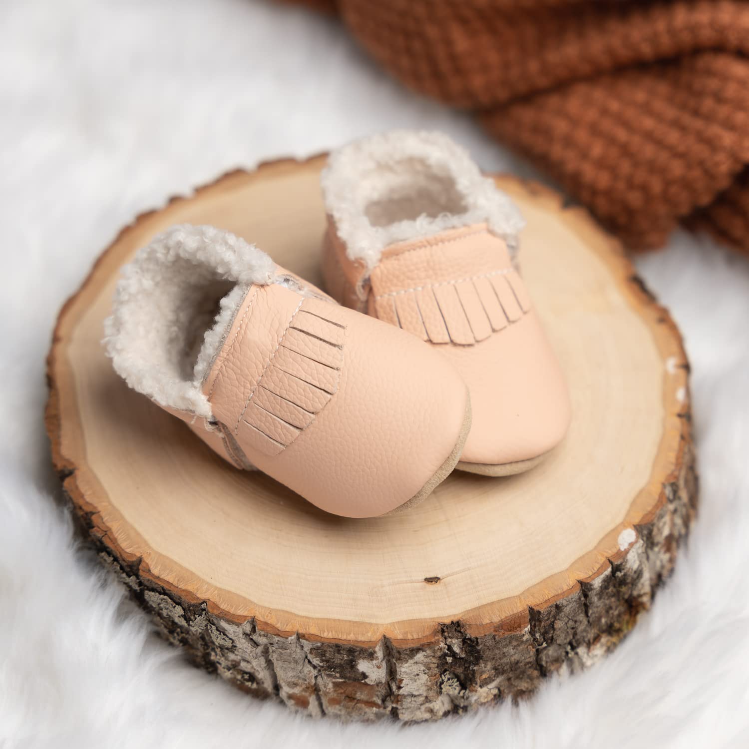 BirdRock Baby Sherpa Moccasins - Cozy, Genuine Leather Winter Shoes for Boys and Girls (Desert Rose, US 6.5)