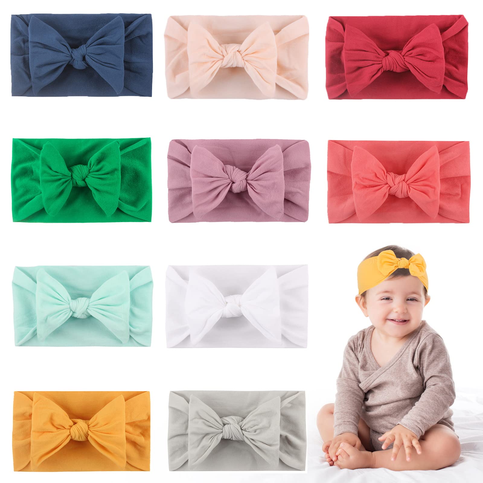 Tinabless Baby Bows Headbands (10PCS), Nylon Hairbands Hair Bow Valentines Day Hair Accessories for Baby Girls Newborn, Baby Shower Gifts