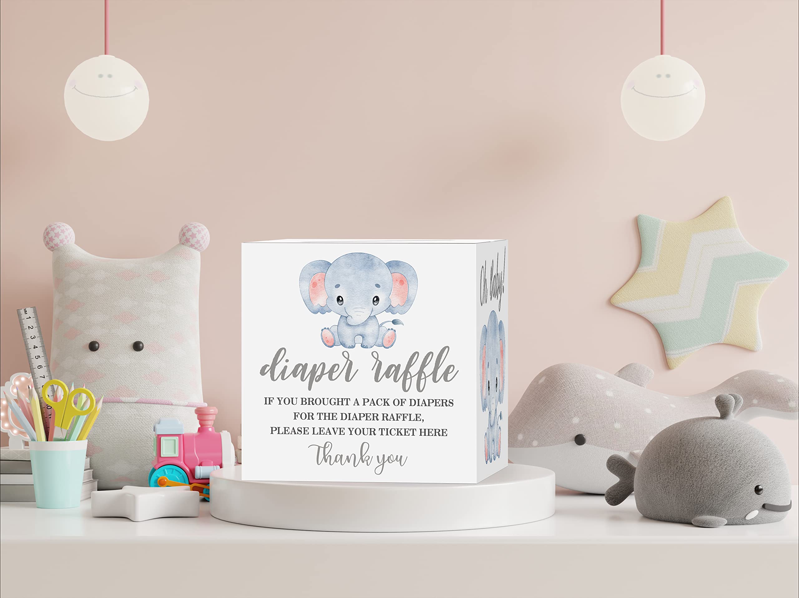 Diaper Raffle Tickets and Advice Cards for Baby Shower - 1 Card Collection Box & 50 Tickets, Elephant Baby Shower Card Box, Party FavorsDecorationsSupplies, Game Kit, 8" Card Box -001BOX