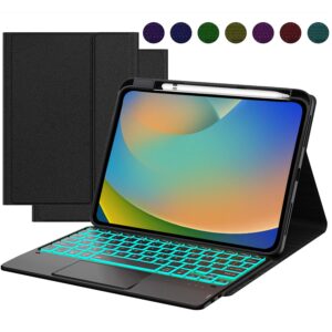 heapao touchpad ipad 10th generation case with keyboard (10.9", 2022) - 7 color backlight, multi-touch trackpad, detachable keyboard, flip stand case with pencil holder for new ipad 10th 2022, black