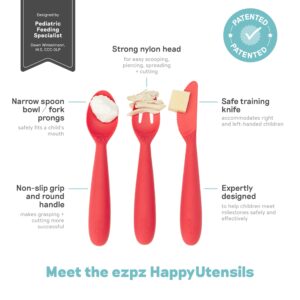 ezpz Happy Utensils - 24 Months+ (Coral) - BPA Free Toddler Utensils - Fork, Spoon and Knife for Toddlers and Preschoolers - Kids Utensils for Self-Feeding Development