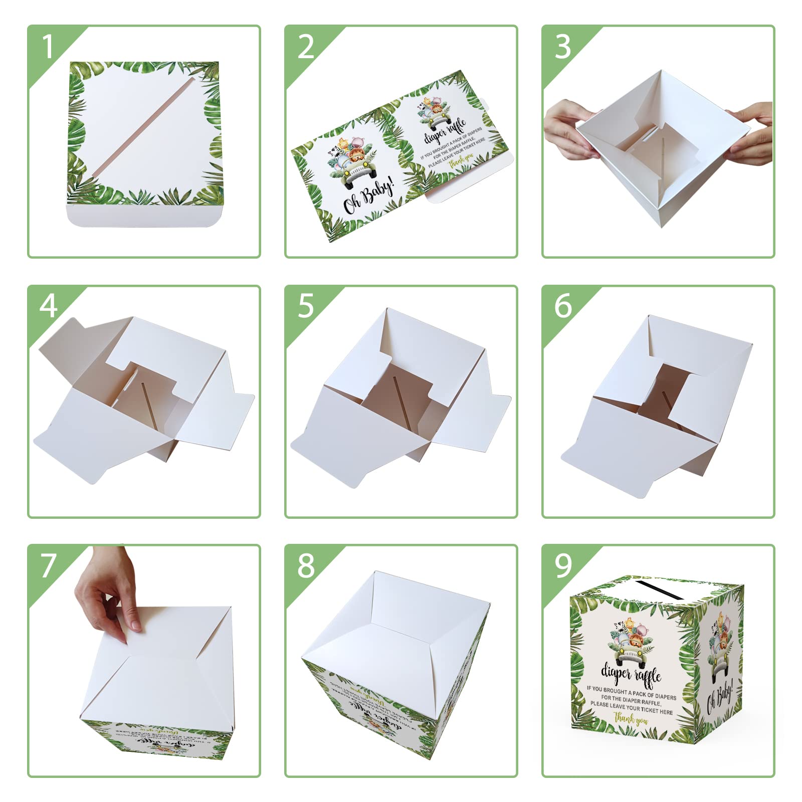 Diaper Raffle Tickets and Advice Cards For Baby Shower - 1 Card Collection Box & 50 Tickets, Jungle Animal Baby Shower Card Box, Party FavorsDecorationsSupplies, Game Kit, 8" Card Box -009BOX