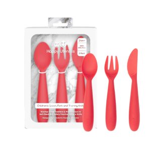 ezpz happy utensils - 24 months+ (coral) - bpa free toddler utensils - fork, spoon and knife for toddlers and preschoolers - kids utensils for self-feeding development