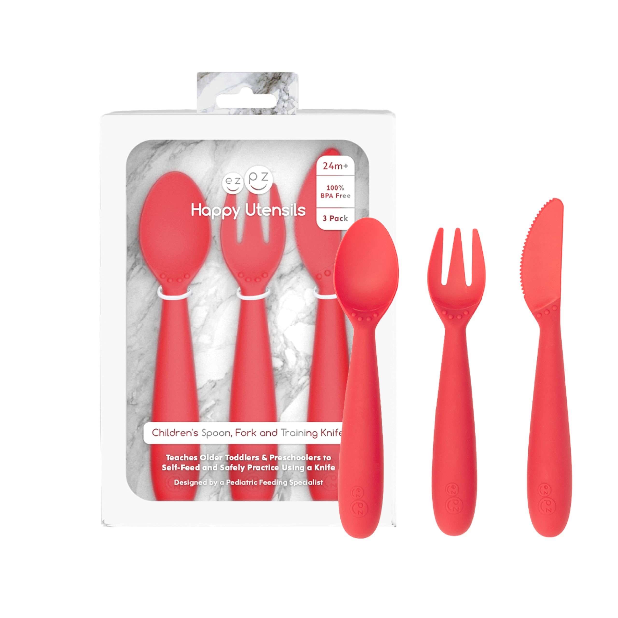 ezpz Happy Utensils - 24 Months+ (Coral) - BPA Free Toddler Utensils - Fork, Spoon and Knife for Toddlers and Preschoolers - Kids Utensils for Self-Feeding Development