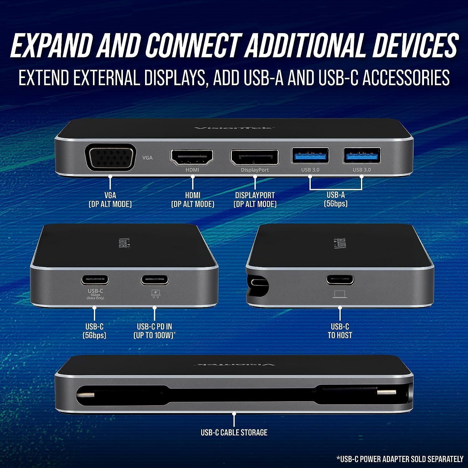 VisionTek VT210 Portable USB-C Dual Monitor Hub - 1x DP, 1x HDMI, 1x VGA, 2X USB-A Ports, 1x USB-C for Windows/MacOS/ChromeOS/iOS