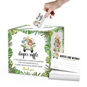 diaper raffle tickets and advice cards for baby shower - 1 card collection box & 50 tickets, jungle animal baby shower card box, party favorsdecorationssupplies, game kit, 8" card box -009box