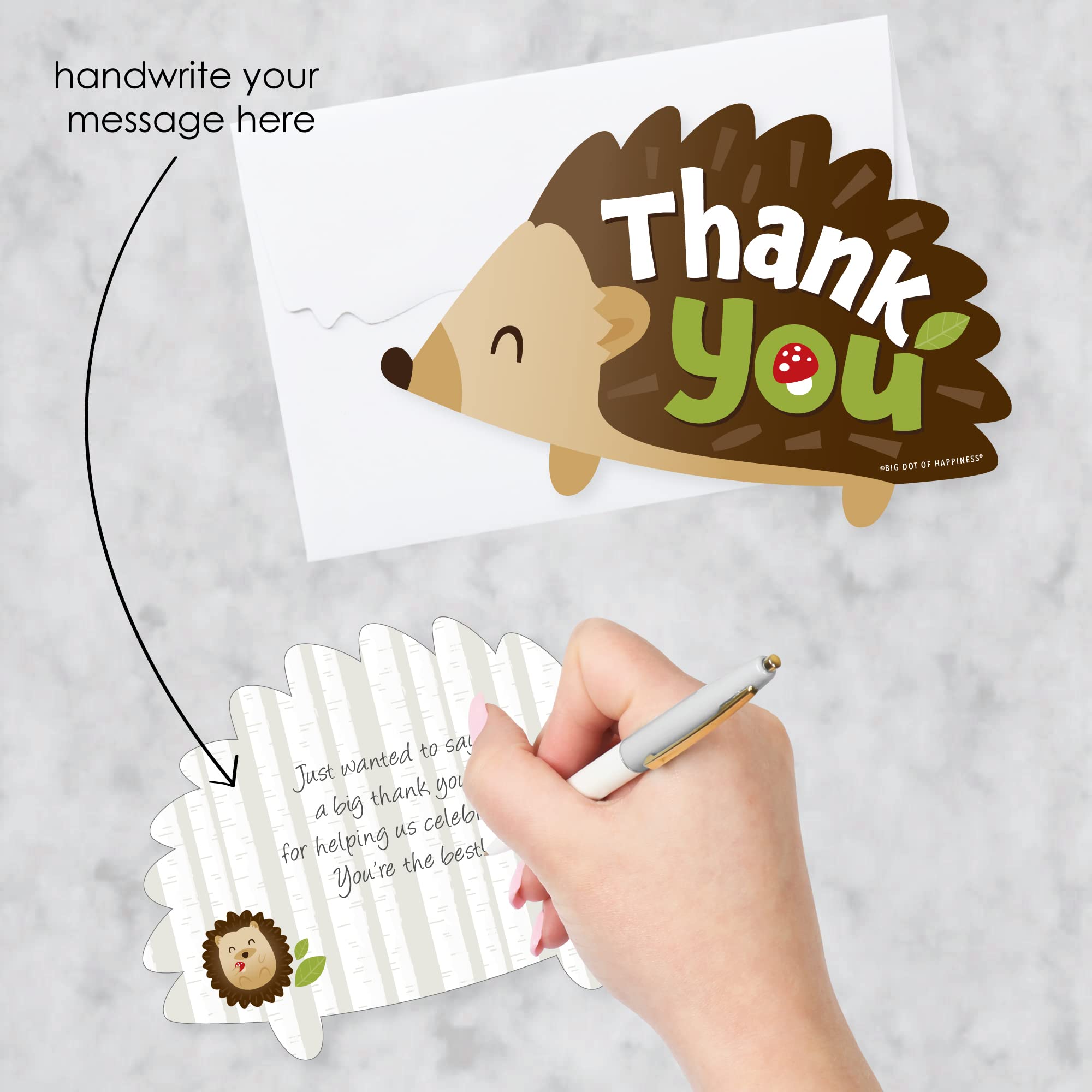 Big Dot of Happiness Forest Hedgehogs - Shaped Thank You Cards - Woodland Birthday Party or Baby Shower Thank You Note Cards with Envelopes - Set of 12