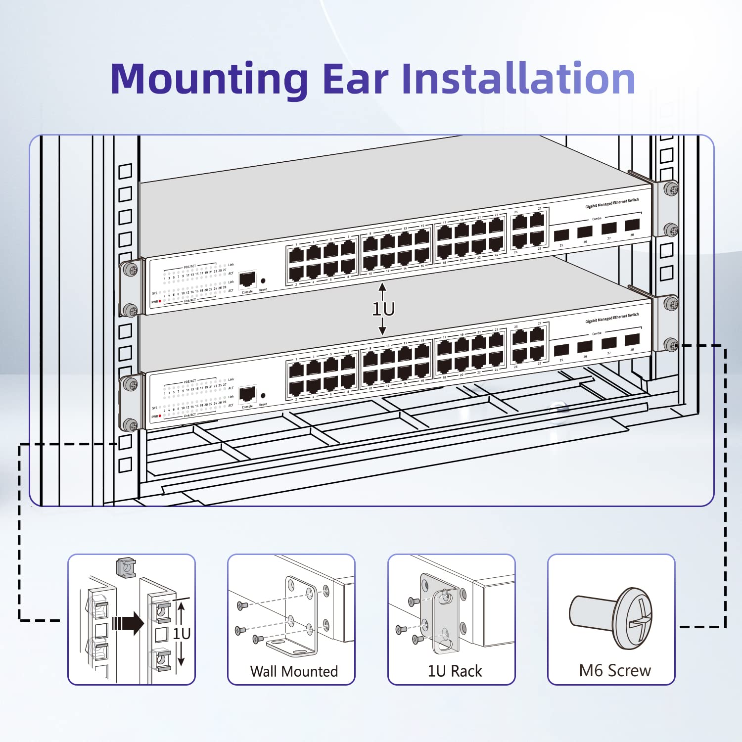 PhyinLan Rack Mount Kit Universal 1U Rack Ears with Adjustable Holes Distance, Compatible for Most Cisco, NETGEAR,Dell, D-Link, Linksys, TRENDnet and Buffalo Tech Switches