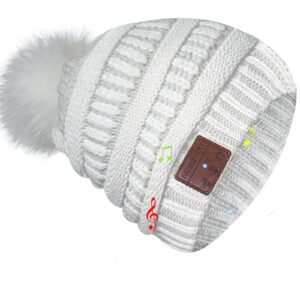 wireless beanie headphone hat women winter warm knit hats cap music beanie with headphones built-in stereo speakers mic for outdoors sports running skiing woman teenagers her snow white