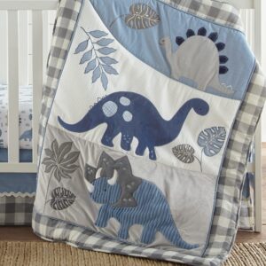 Levtex Baby - Kipton Crib Bed Set - Baby Nursery Set - Grey, White and Blue - Dinosaurs and Leaves - 4 Piece Set Includes Quilt, Fitted Sheet, Wall Decal & Skirt/Dust Ruffle