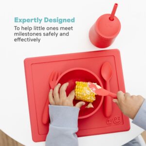 ezpz Happy Utensils - 24 Months+ (Coral) - BPA Free Toddler Utensils - Fork, Spoon and Knife for Toddlers and Preschoolers - Kids Utensils for Self-Feeding Development