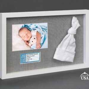 Baby Shadow Box Display Frame for Photo, Printed Graphic Info Insert & Magnet Mounted Keepsakes (Gray Linen Mat, Blank Graphic Info Insert)