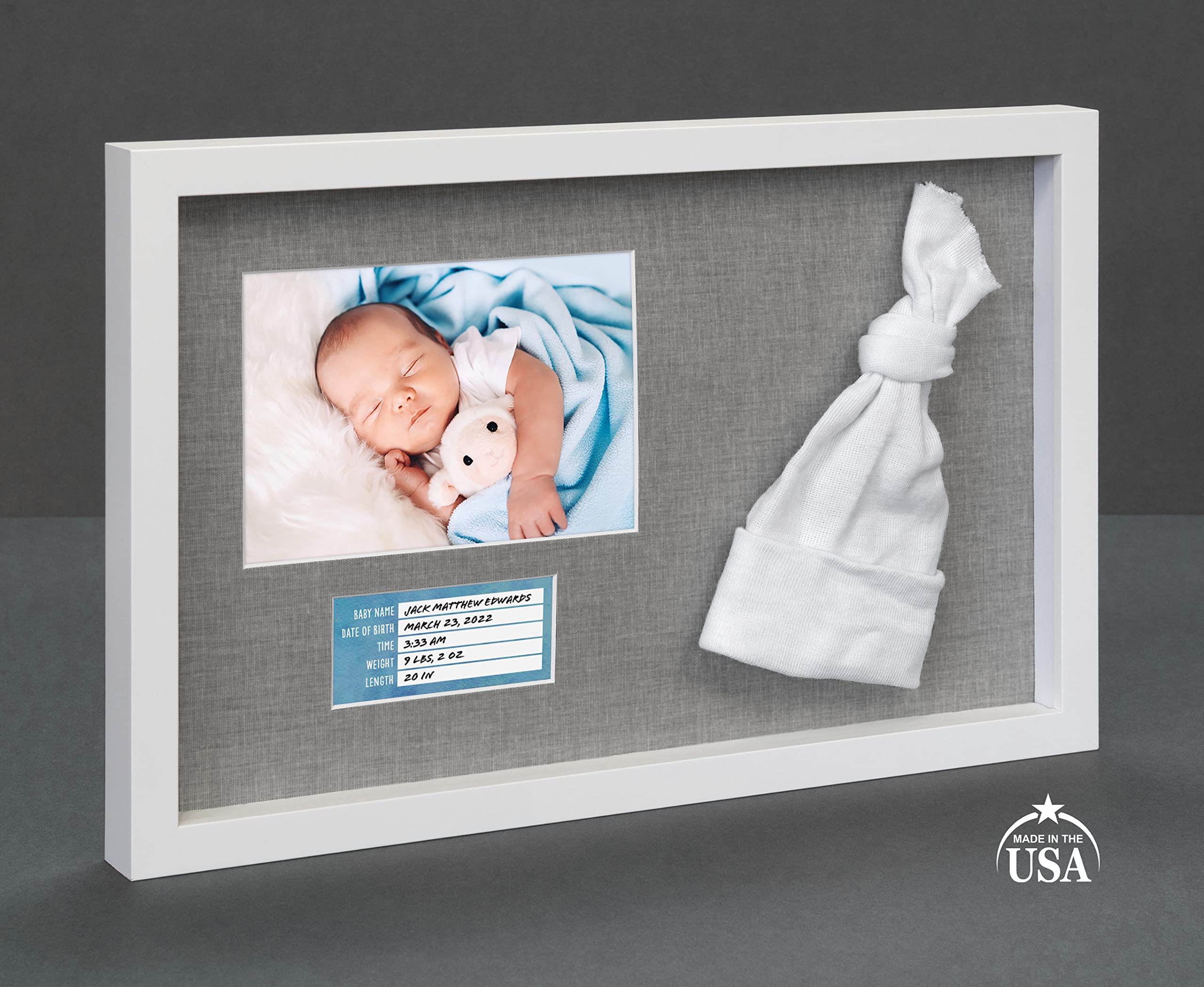 Baby Shadow Box Display Frame for Photo, Printed Graphic Info Insert & Magnet Mounted Keepsakes (Gray Linen Mat, Blank Graphic Info Insert)