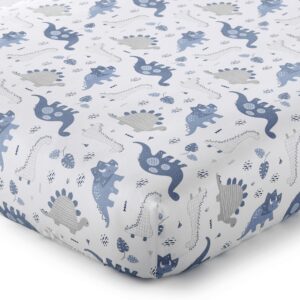 levtex baby - kipton set crib fitted sheet - fits standard crib and toddler mattress - tossed dinosaurs and leaves - blue, grey and white - nursery accessories - 100% cotton