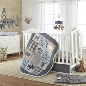 levtex baby - logan crib bed set - baby nursery set - navy grey white blue taupe blue - deers, bears and moose - 4 piece set includes quilt, fitted sheet, wall decal & skirt/dust ruffle