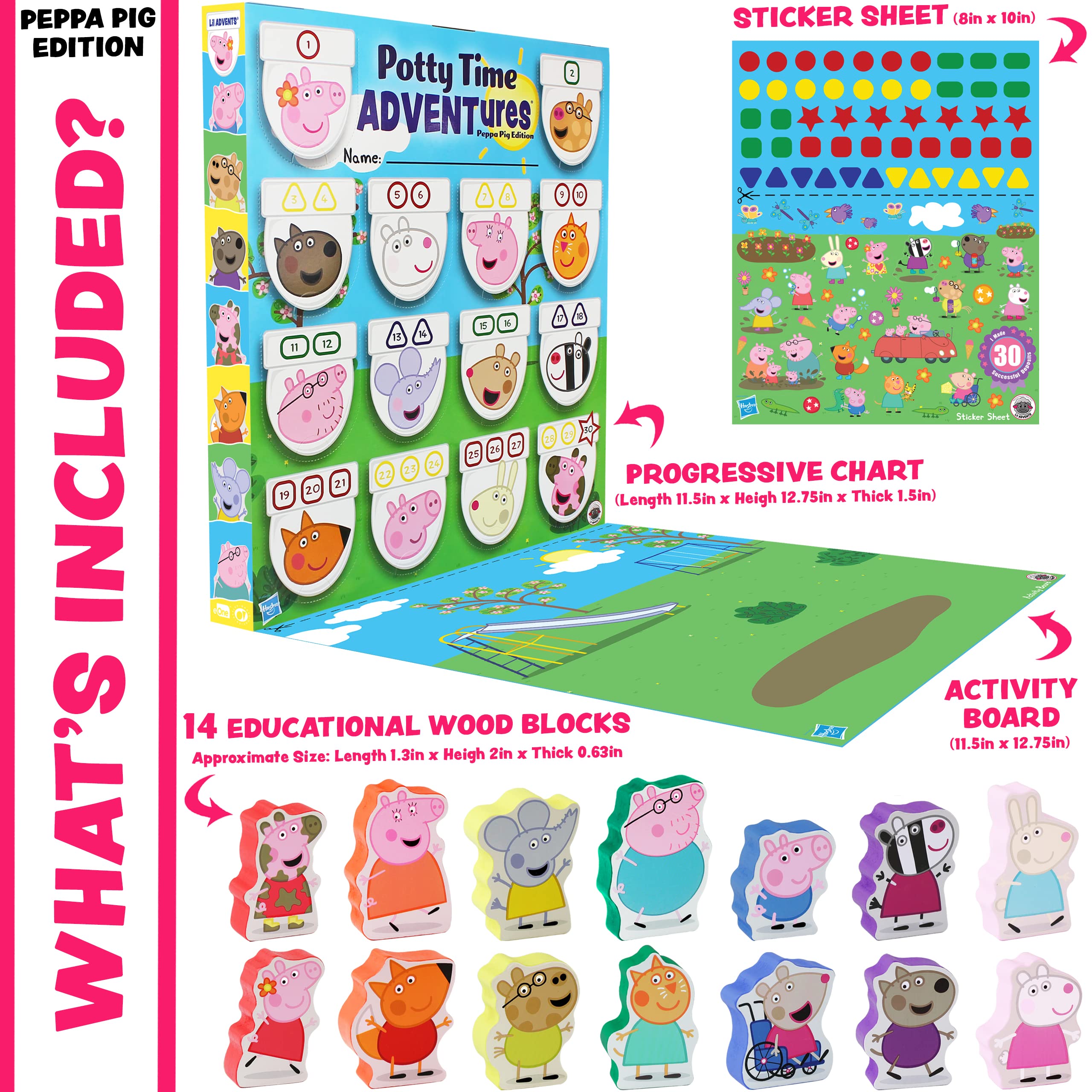 Potty Time Adventures Potty Training Chart by Lil ADVENTS - Peppa Pig with 14 Wood Block Toy Prizes - Potty Training Advent Game - Wooden Block Toys, Reward Chart, Activity Board & Stickers