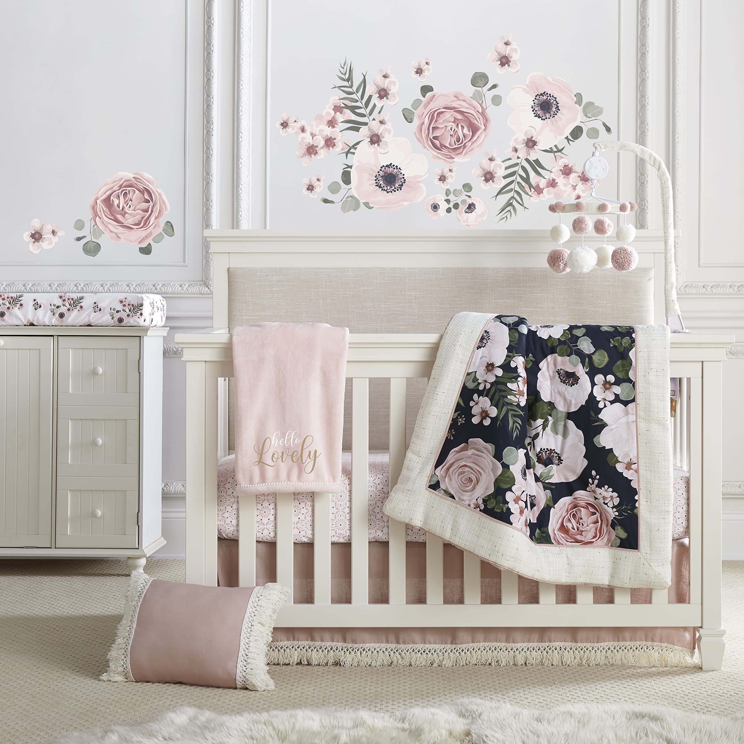 Levtex Baby - Fiori Crib Bed Set - Baby Nursery Set - Floral - Charcoal, Coral, Pink, Green, Cream - Bold Floral - 4 Piece Set Includes Quilt, One Fitted Sheet, Wall Decal & Skirt/Dust Ruffle