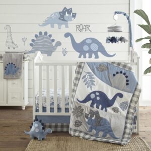 levtex baby - kipton crib bed set - baby nursery set - grey, white and blue - dinosaurs and leaves - 4 piece set includes quilt, fitted sheet, wall decal & skirt/dust ruffle