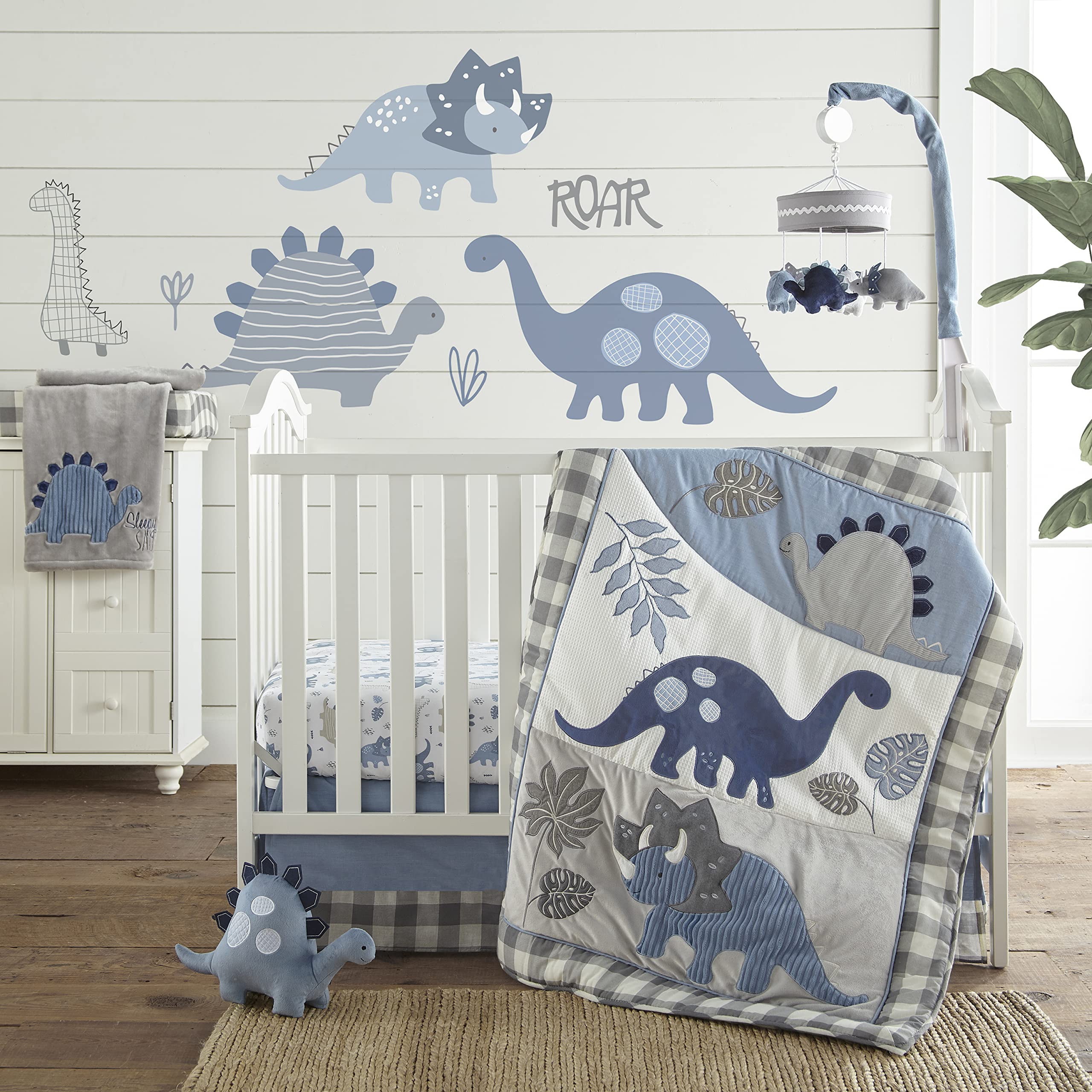 Levtex Baby - Kipton Crib Bed Set - Baby Nursery Set - Grey, White and Blue - Dinosaurs and Leaves - 4 Piece Set Includes Quilt, Fitted Sheet, Wall Decal & Skirt/Dust Ruffle