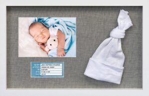 baby shadow box display frame for photo, printed graphic info insert & magnet mounted keepsakes (gray linen mat, blank graphic info insert)