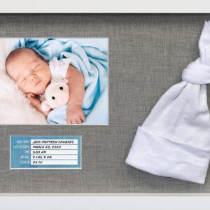 Baby Shadow Box Display Frame for Photo, Printed Graphic Info Insert & Magnet Mounted Keepsakes (Gray Linen Mat, Blank Graphic Info Insert)