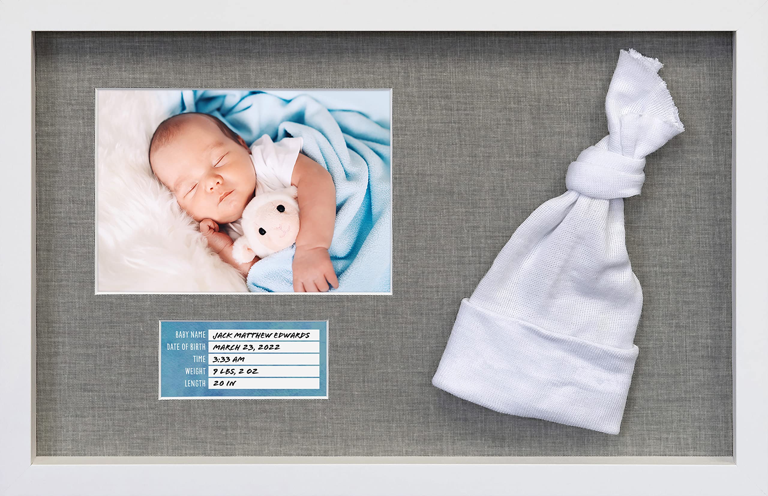 Baby Shadow Box Display Frame for Photo, Printed Graphic Info Insert & Magnet Mounted Keepsakes (Gray Linen Mat, Blank Graphic Info Insert)