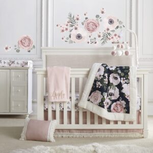 levtex baby - fiori crib bed set - baby nursery set - floral - charcoal, coral, pink, green, cream - bold floral - 4 piece set includes quilt, one fitted sheet, wall decal & skirt/dust ruffle