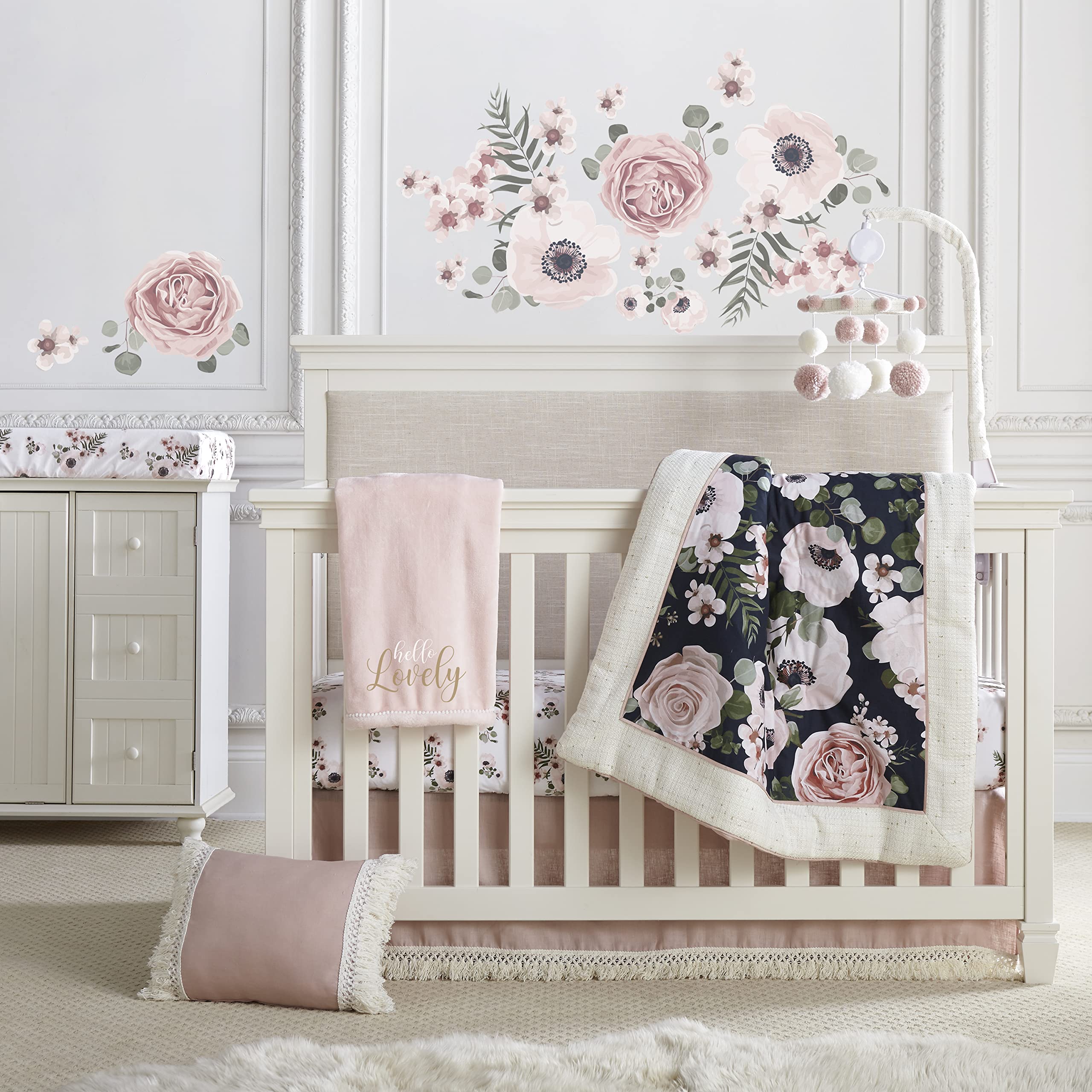 Levtex Baby - Fiori Crib Bed Set - Baby Nursery Set - Floral - Charcoal, Coral, Pink, Green, Cream - Bold Floral - 4 Piece Set Includes Quilt, One Fitted Sheet, Wall Decal & Skirt/Dust Ruffle