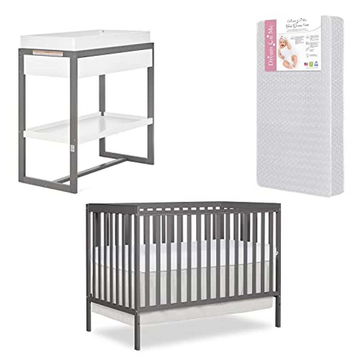 Dream On Me Nursery Essentials Bundle of Dream On Me Synergy 5 in 1 Convertible Crib, Dream On Me Arlo Changing-Table, with a Dream On Me Honeycomb Orthopedic Firm Fiber Standard Crib Mattress