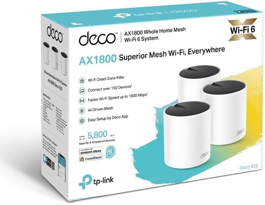 TP-Link Deco X25 AX1800 Whole-Home Mesh Wi-Fi 6 System, 2 Ports, 2.4 GHz/5 GHz