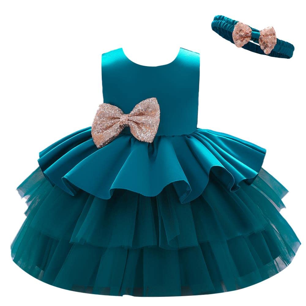 Dressy Daisy Baby Girls' Special Occasion Dresses Wedding Flower Girl Tiered Dress Ball Gown with Headband Size 9-12 Months, Teal