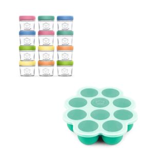 keababies 12-pack baby food glass containers and silicone baby food freezer tray with clip-on lid - 4 oz leak-proof, microwavable, baby food storage container - baby food silicone freezer molds