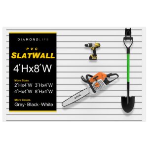 4'h x 8'w slatwall panel garage wall organizer: heavy duty wall mounted pvc wall rack, interlocking slat wall paneling for garage wall storage, slatwall board or slatwall shelves system - white