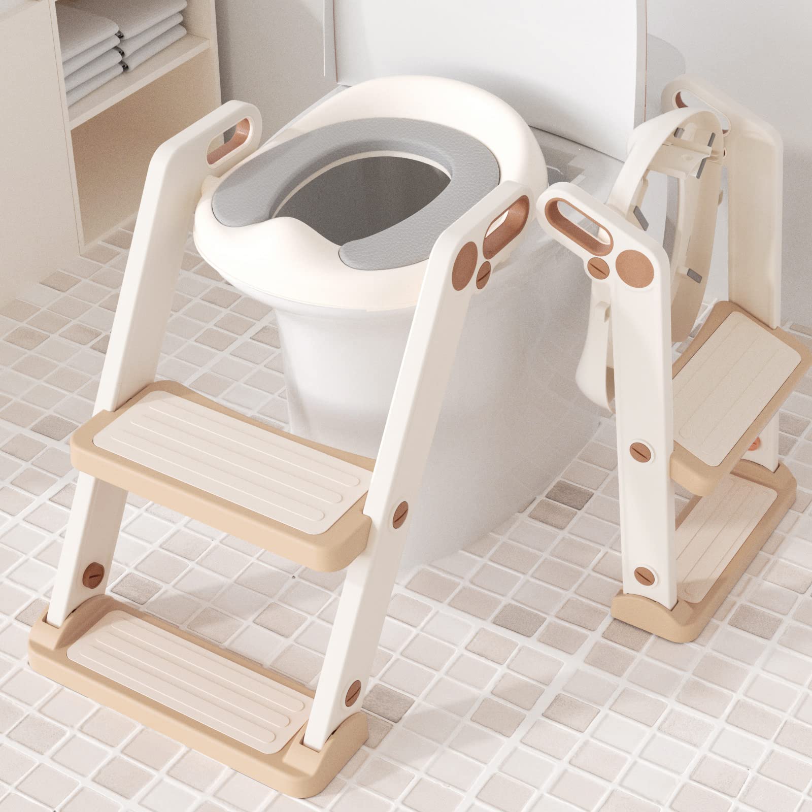 XJD Potty Training Toilet for Toddler, Potty Toddler Toilet with Step Ladder for Kids Boys Girls Potty Training Seat Adjustable Comfortable PU Safe Potty Seat with Anti-Slip Pads (Gold)