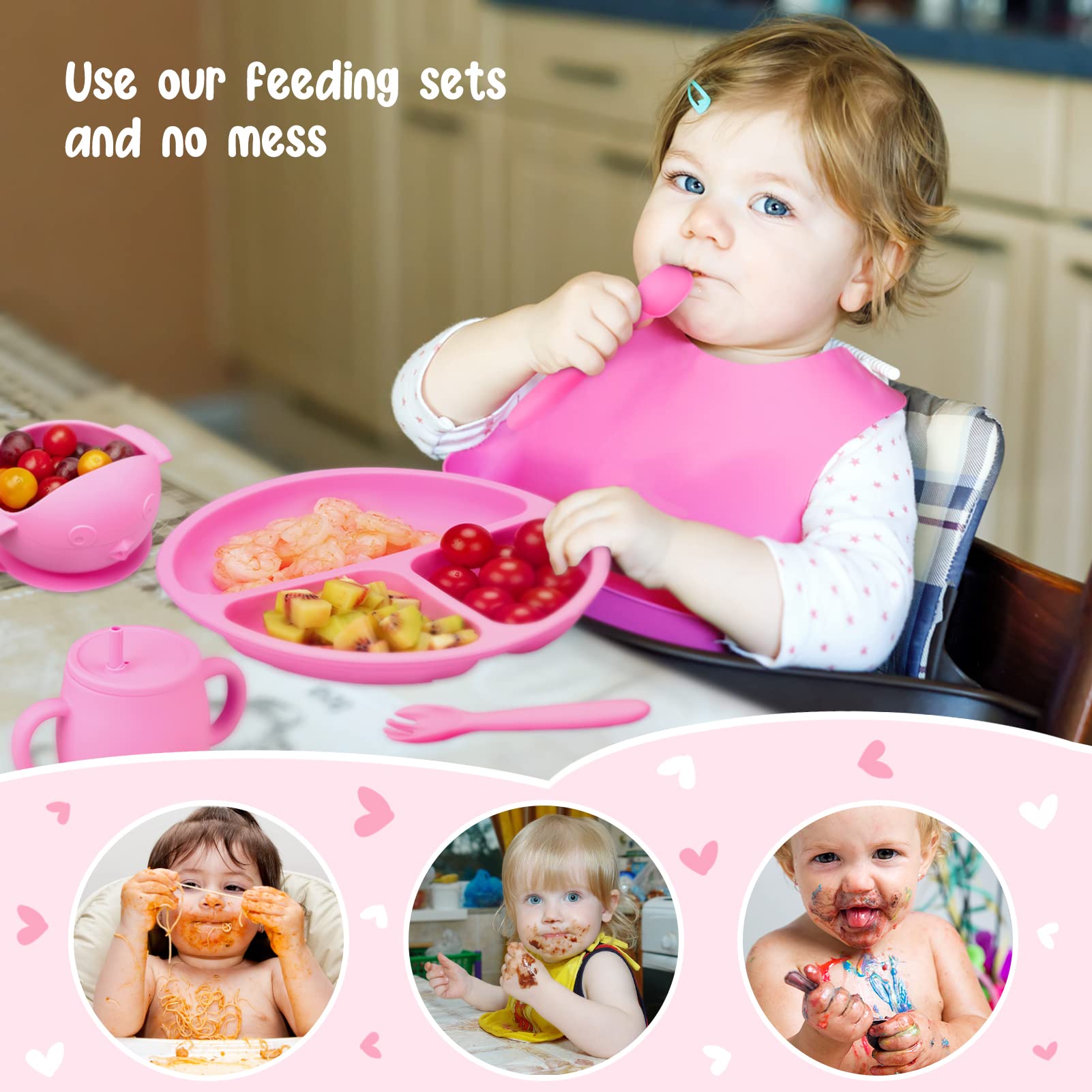 Cibeat Baby Feeding Utensils Set, 7 Pcs Silicone Toddler Eating Supplies - Adjustable Bibs, Suction Divided Plate, Placemat, Suction Bowls, Straw Sippy Cup, Etc - Baby Led Weaning Supplies