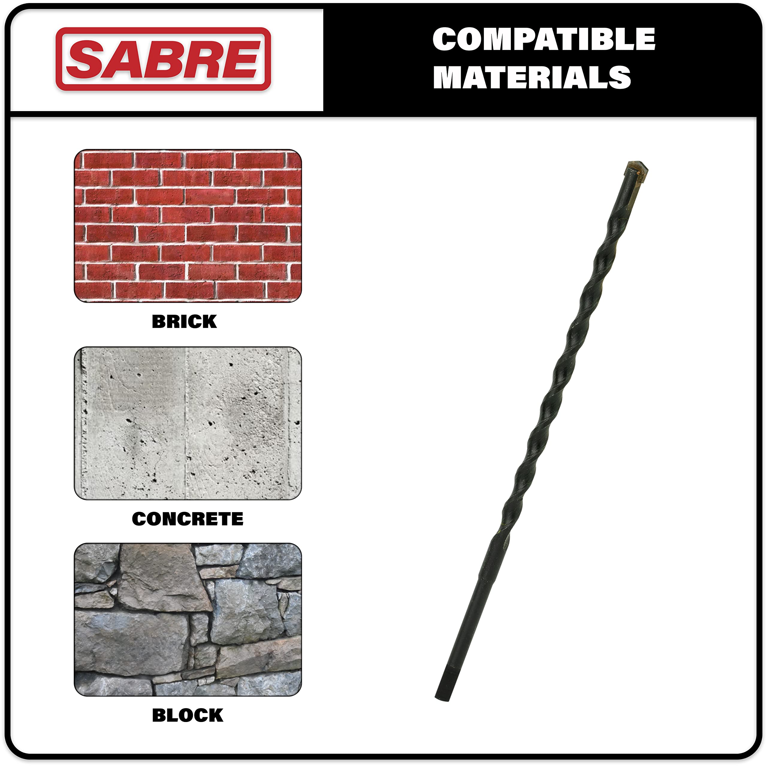 Sabre Tools 3/16 Inch x 5-1/2 Inch Masonry Drill Bit, 10-Pack Concrete Drill Bit, Carbide Tipped for Concrete, Brick, Stone, Half Flat Shank, Impact Performance (3/16" x 5.5", 10)