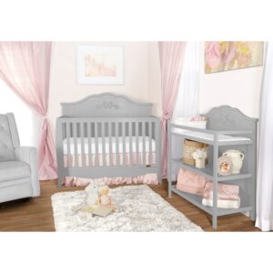 Nursery Essentials Bundle of Sweetpea Baby Rose 4-in-1 Convertible Mini Crib, Sweetpea Baby Jasmine Changing-Table, with a Dream On Me Sunset 3” Extra Firm Fiber Portable Crib Mattress