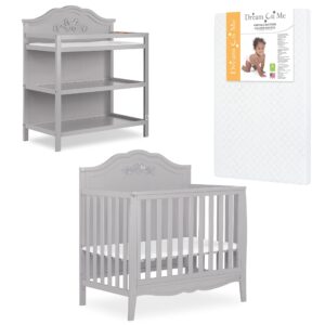 nursery essentials bundle of sweetpea baby rose 4-in-1 convertible mini crib, sweetpea baby jasmine changing-table, with a dream on me sunset 3” extra firm fiber portable crib mattress