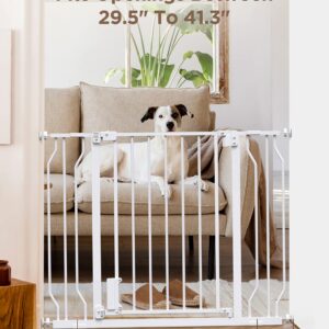 Ciays Baby Gate 29.5” to 41.3”, 30-in Height Extra Wide Dog Gate for Stairs, Doorways and House, Auto-Close Safety Metal Pet Gate for Dogs with Alarm, Pressure Mounted, White