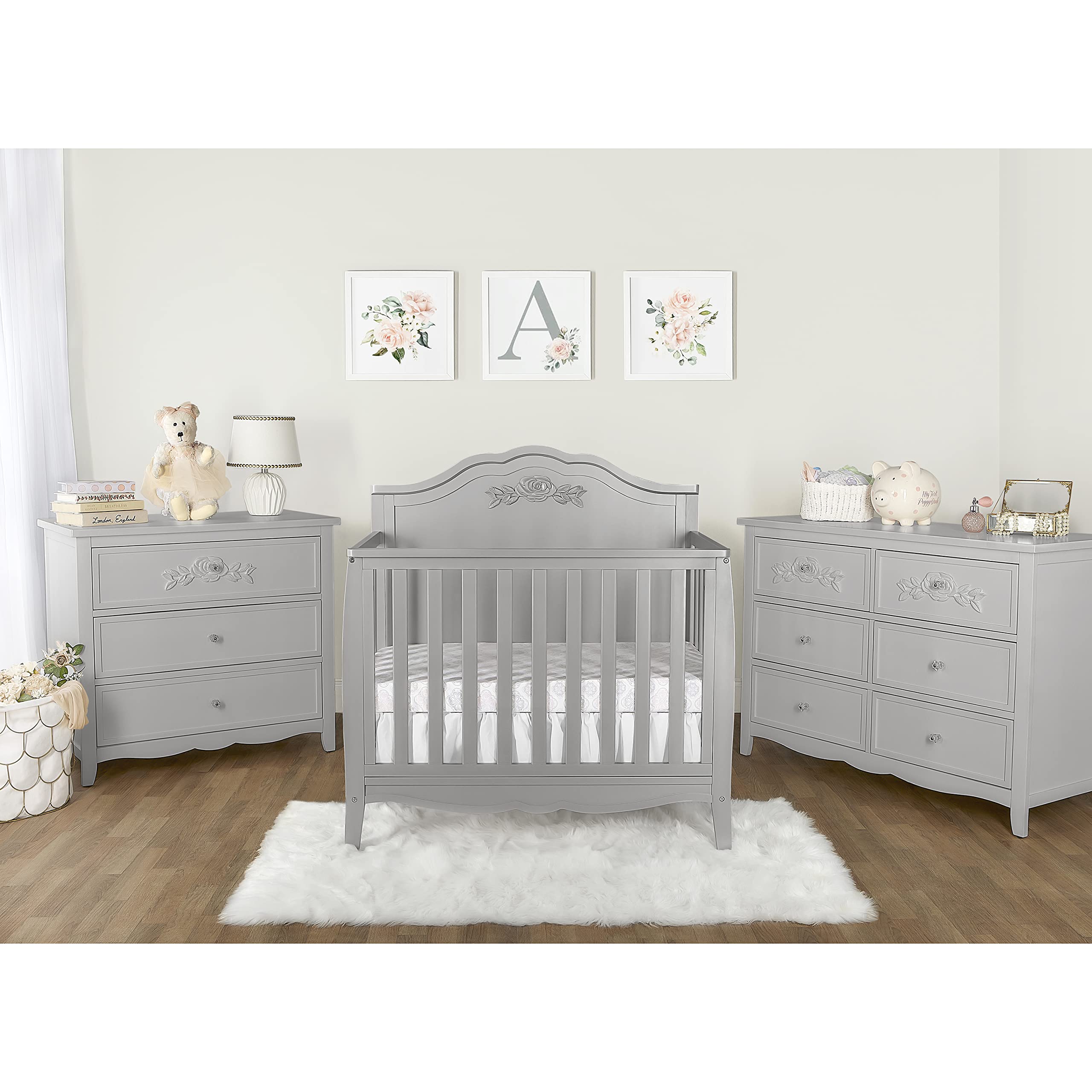 Nursery Essentials Bundle of Sweetpea Baby Rose 4-in-1 Convertible Mini Crib, Sweetpea Baby Jasmine Changing-Table, with a Dream On Me Sunset 3” Extra Firm Fiber Portable Crib Mattress