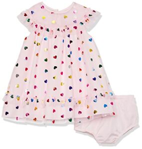 pippa & julie baby girls' sleeveless patterned party dress, fit & flare silhouette, includes coordinating panty, 2-piece set, pink heart, 18 months