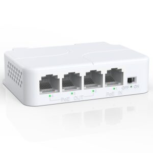 yuanley 4 port poe extender with 3 poe out, ieee 802.3af/at mini 4 channel poe repeater 100mbps, wall and din rail mount passthrough poe switch/booster, plug and play