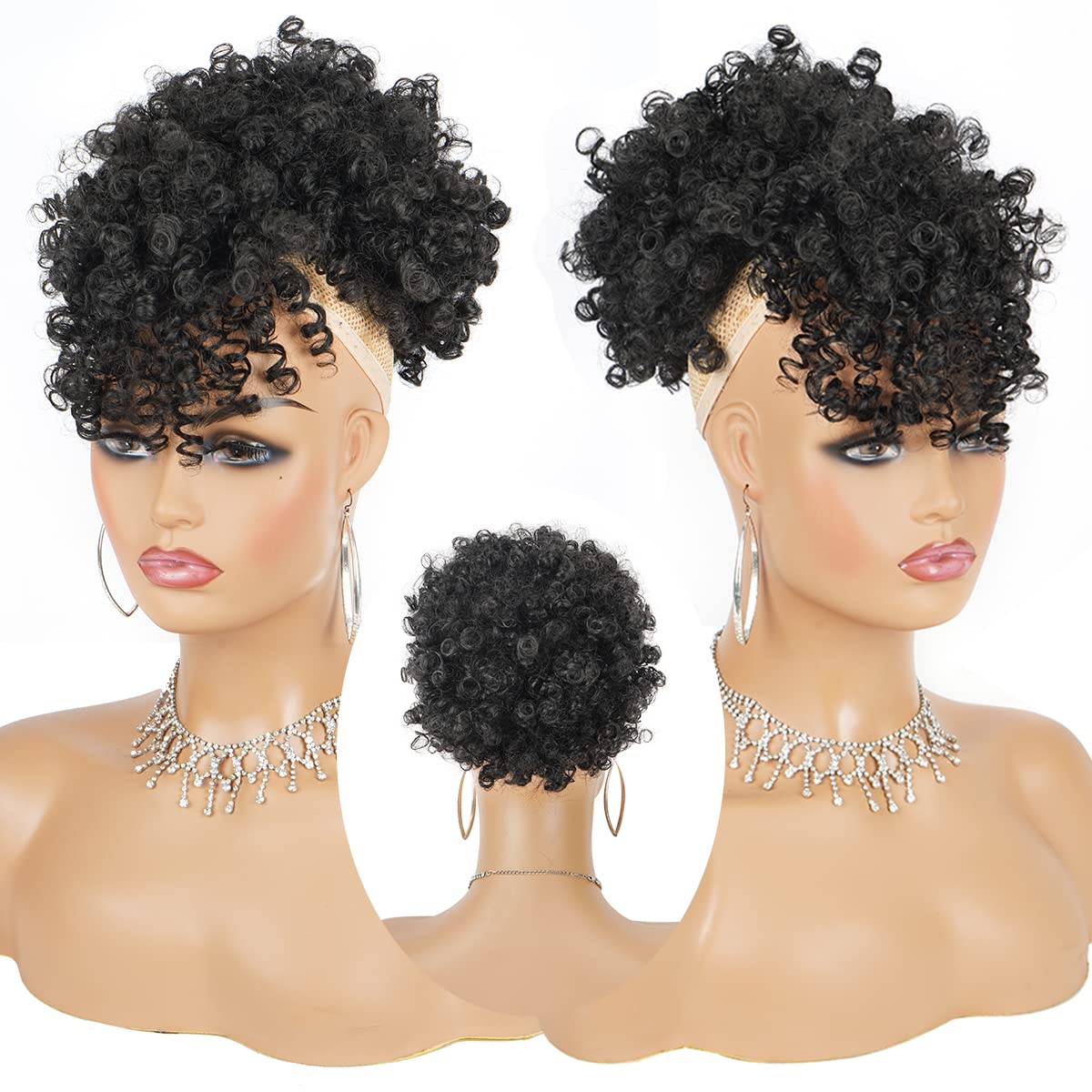 Cetiq Afro Puff Drawstring Ponytail with Bangs Pineapple Updo Hair for Black Women, Short Kinky Curly Ponytail Bun (1B)