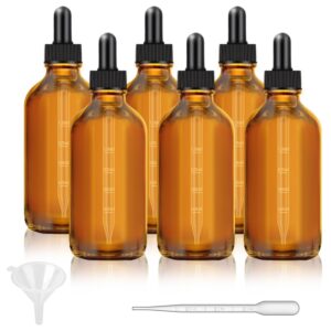 bumobum 6 pack, 4 oz dark amber dropper bottles with measured dropper, glass eye dropper bottle for essential oils with funnel, labels & pipette, droppers for oils (unbreakable plastic eye dropper)