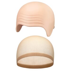 syhood 2 pieces halloween bald cap makeup latex bald head wig caps bald hat cosplay costume for adults (pink, beige)