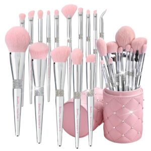 bueart design elegant pink ultra soft labeled makeup brushes sets with brush holder makeup brush set with foundation powder blush blending contour brush (15pcs silver pink+holder)