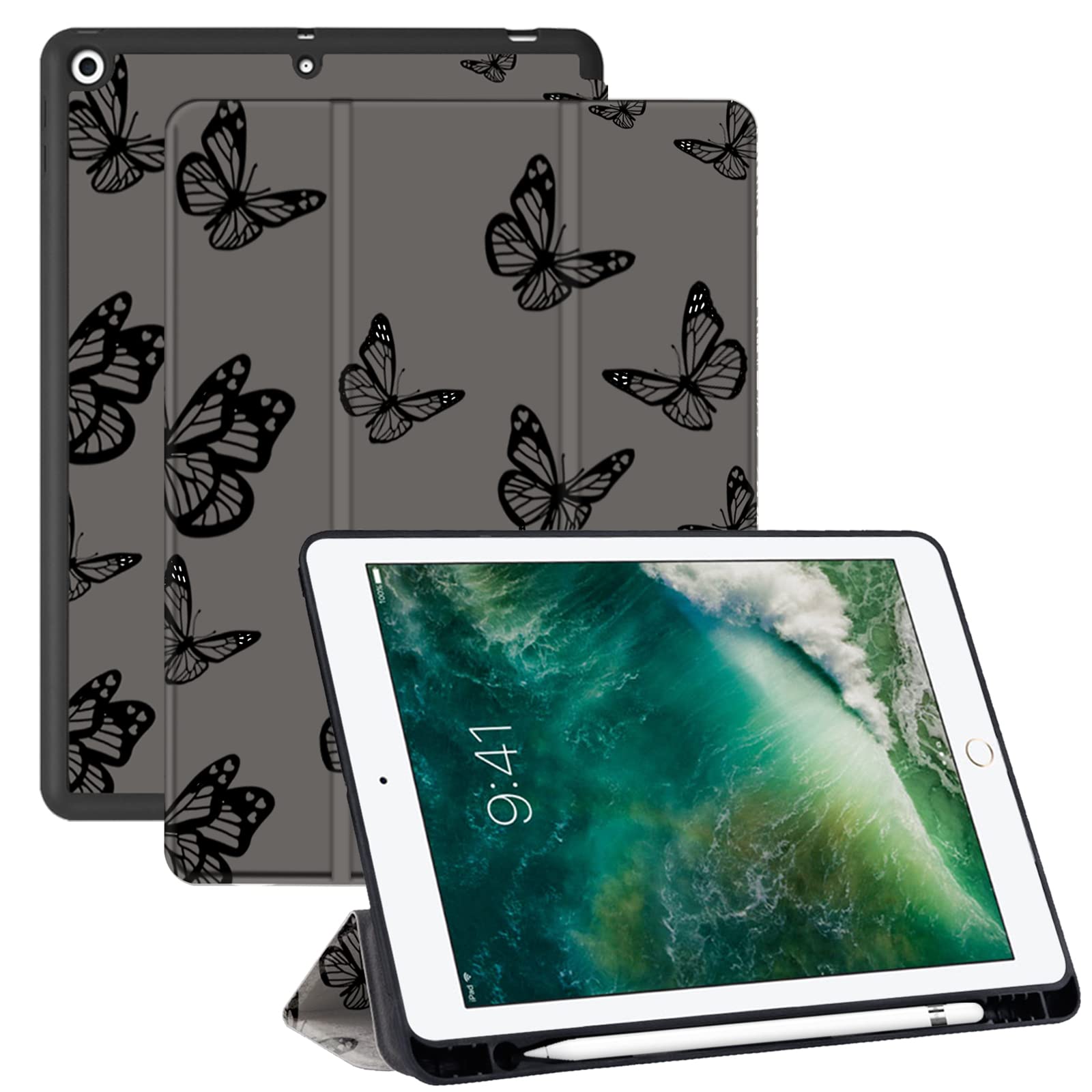 Deokke Compatible with iPad 9th /8th /7th Generation Case(2021/2020/2019) iPad 10.2 inch Case with Pencil Holder and Soft TPU Back Case,Auto Sleep/Wake Cover,for Girls Women-Gray Butterfly