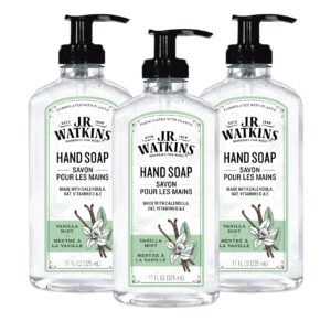 j.r. watkins gel hand soap with dispenser, moisturizing hand wash, all natural, alcohol-free, cruelty-free, usa made, vanilla mint, 11 fl oz, 3 pack